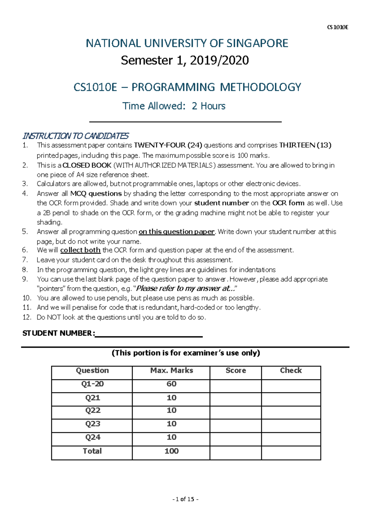 CS1010E Final Exam - Programming Methodology Questions and Instructions ...