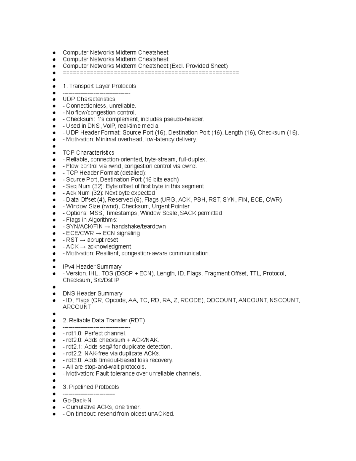 Computer Networks CN-101 Midterm Cheatsheet (Excl. Provided Sheet ...