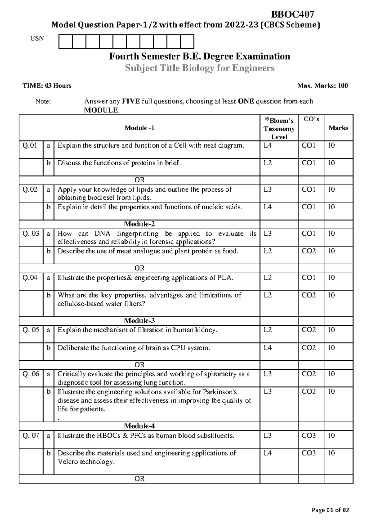 BBOC407 Model Question Paper 2022-23 for Biology for Engineers - Studocu