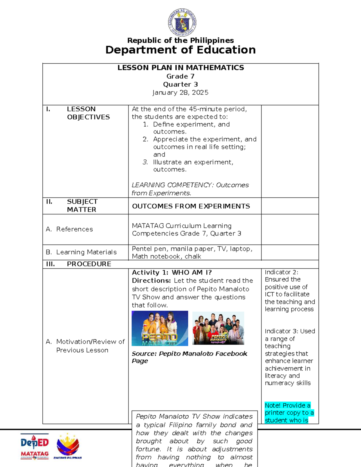 Mathematics Lesson Plan: Experiments & Outcomes (Grade 7, Q3) - Studocu