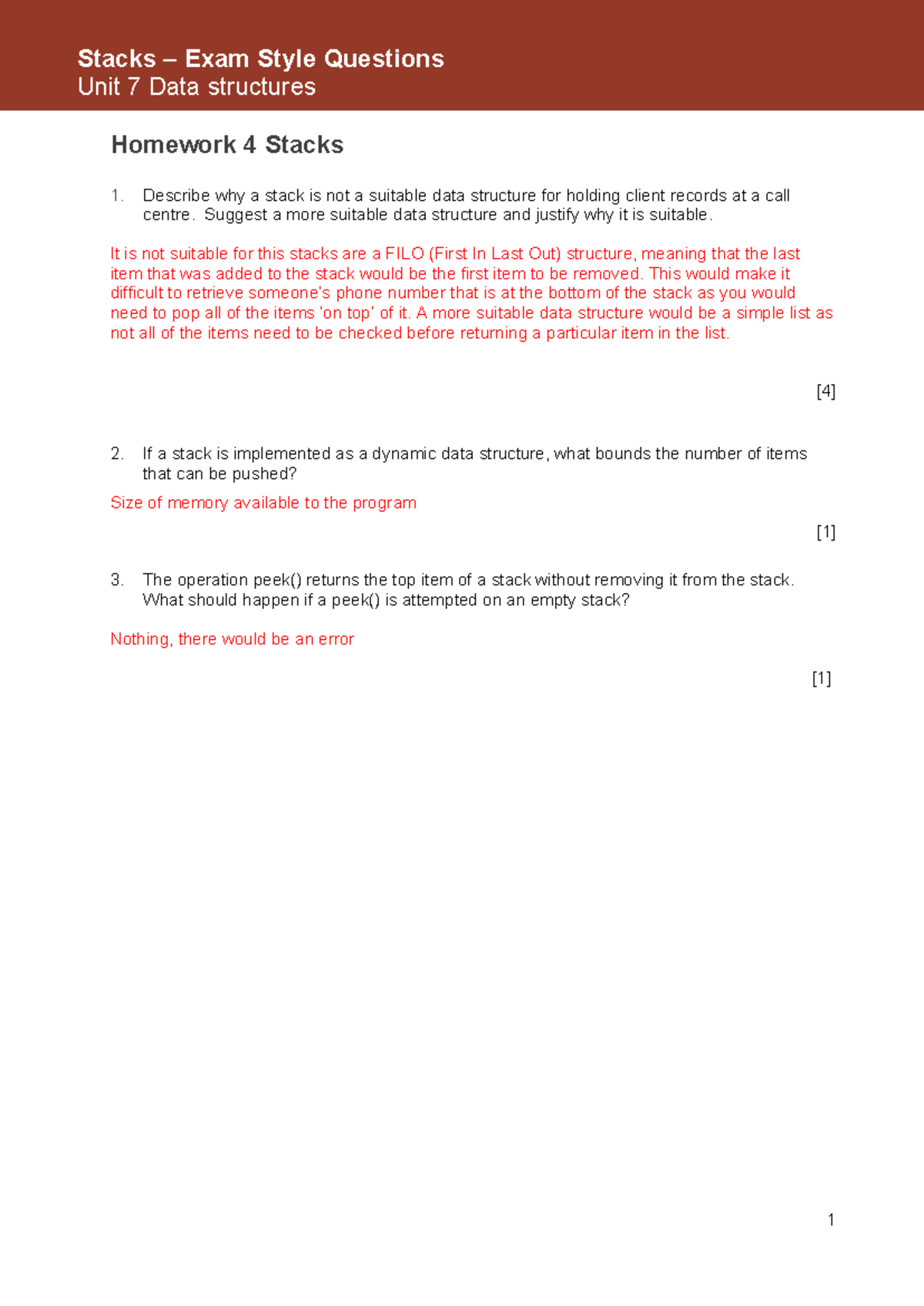 Data Structures (Unit 7) - Stack Exam Style Qs & Answers - Studocu