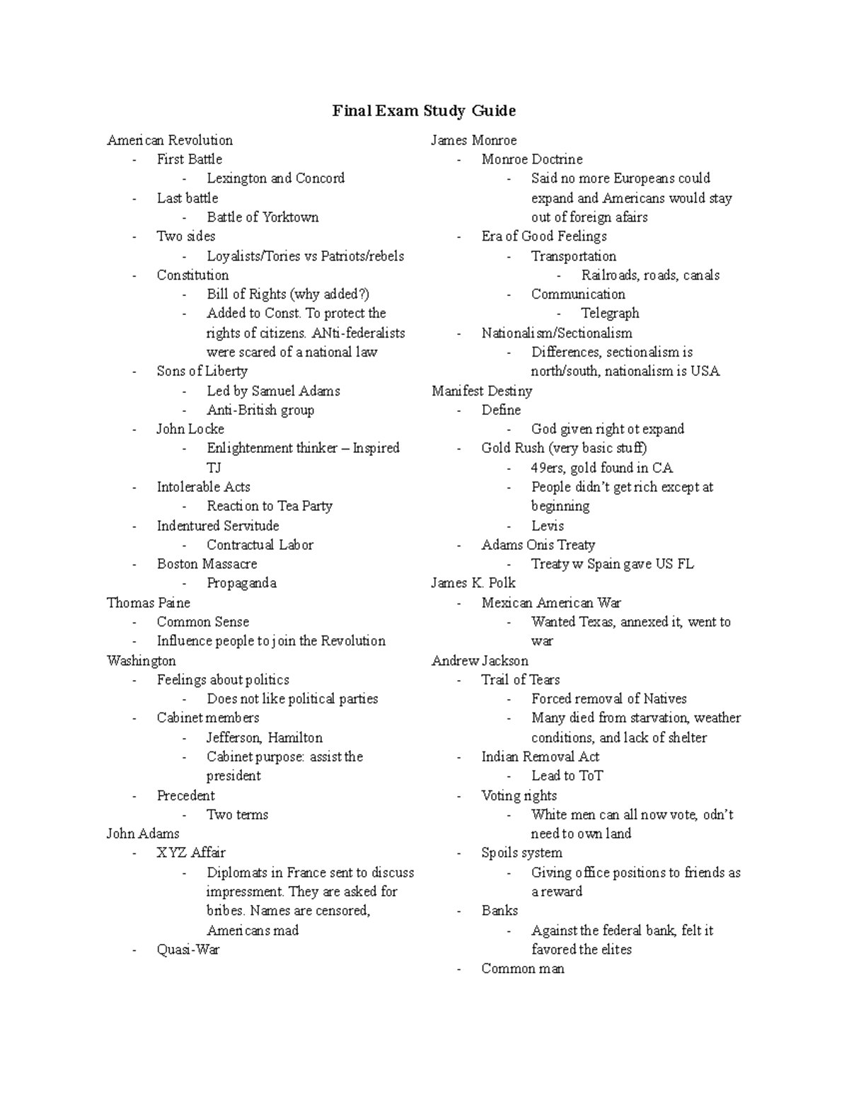 Final Exam Study Guide: Key Events from American Revolution to Civil ...