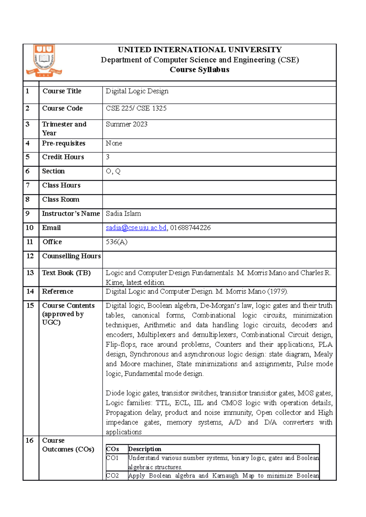 UIU CSE 225 Digital Logic Design Course Syllabus - Summer 2023 - Studocu