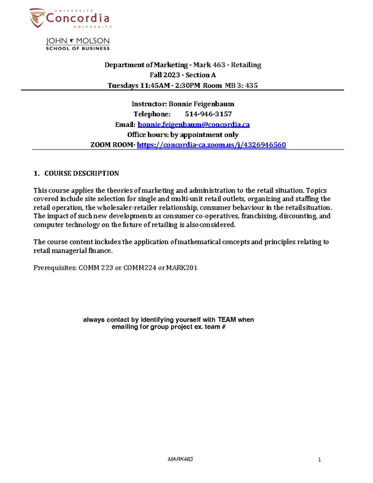 MARK 463 Outline (Fall 2023) Section A Feigenbaum - MARK W1winter 1 ...