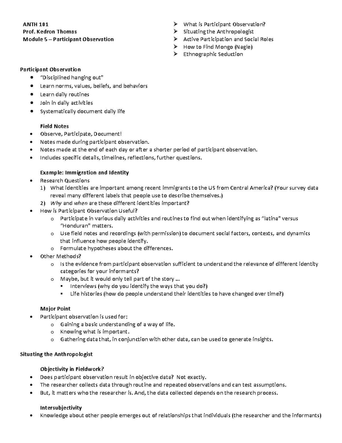 ANTH 101 Module 5: Insights and Techniques on Participant Observation ...