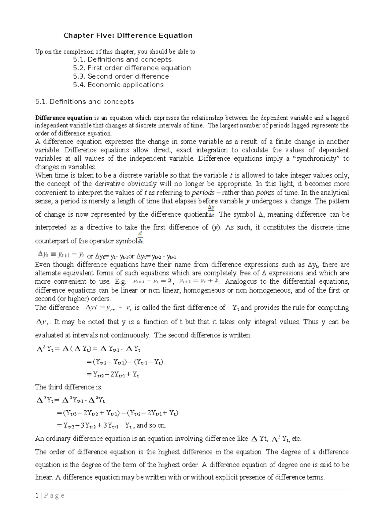 Ch-5 Mathematical Economics: Difference Equations & Applications - Studocu