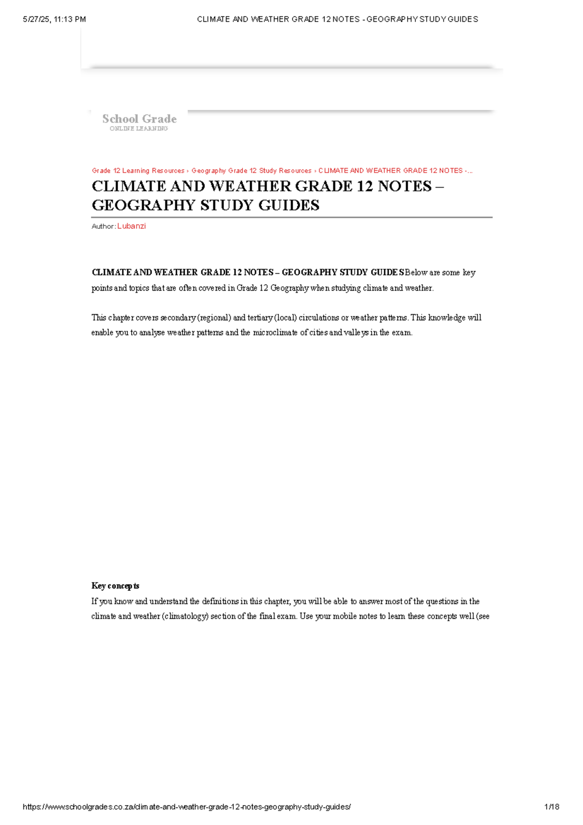Climate and Weather Grade 12 Study Notes for Geography Exam Prep - Studocu