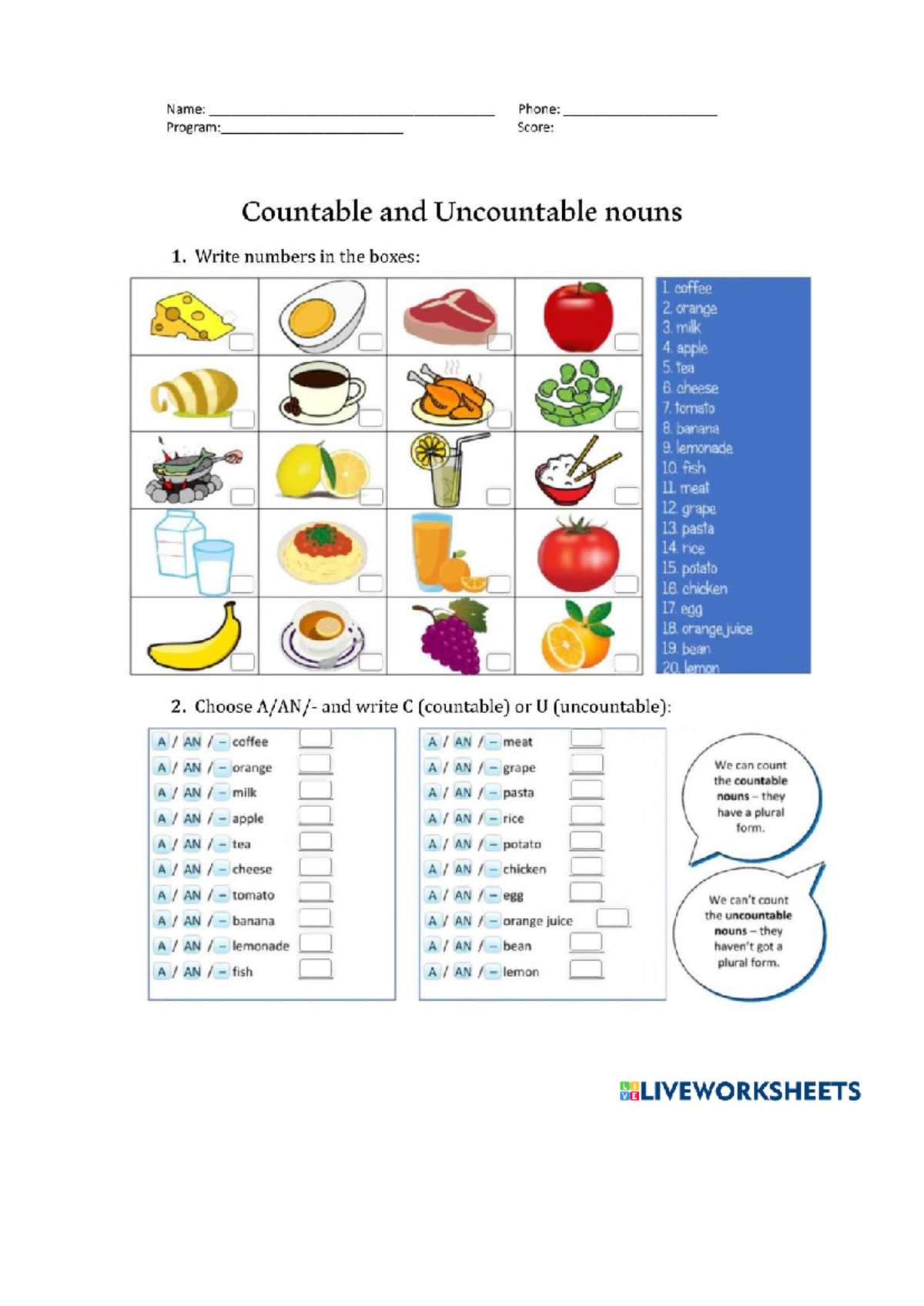Countable And Uncountable Food Worksheet