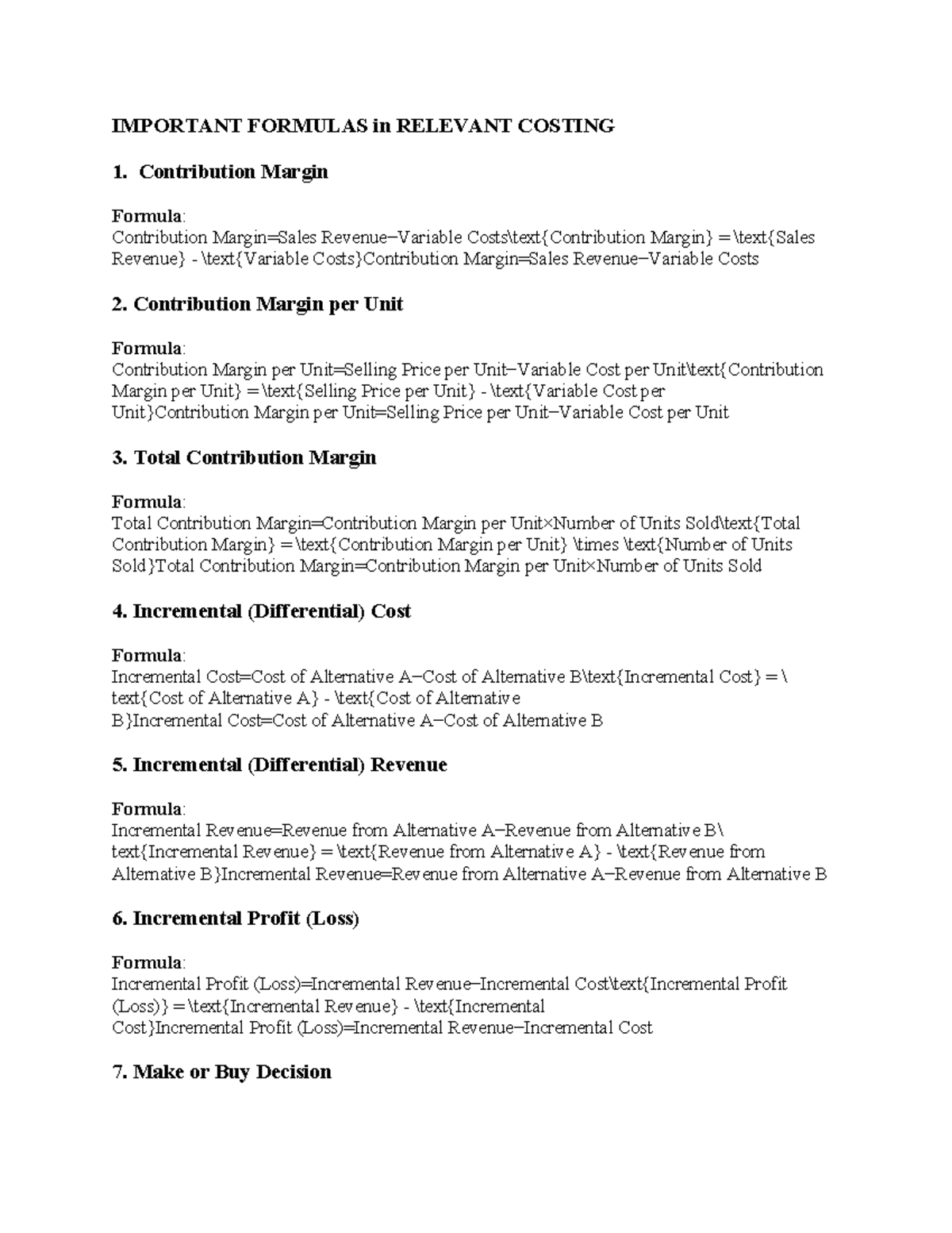 Relevant Costing Formulas for Decision Making in Finance - Studocu
