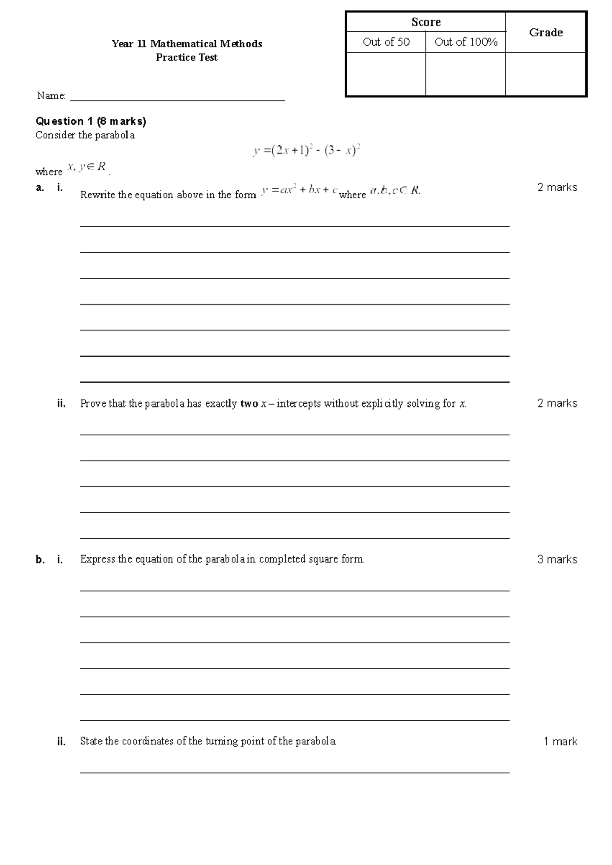 Year 11 Mathematical Methods 2026 Practice Test Questions & Solutions ...