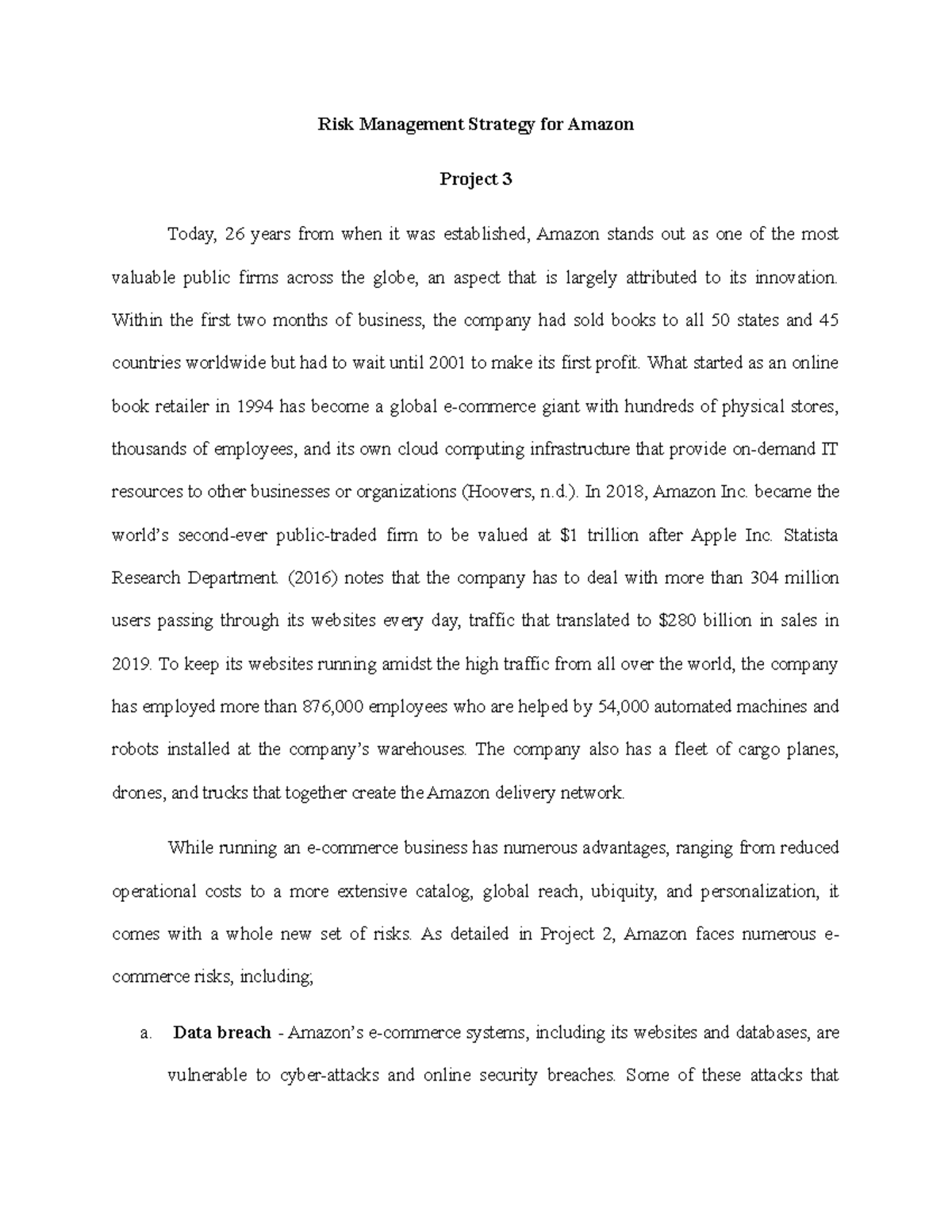 Risk Management Strategy for Amazon (Project 3) - Studocu