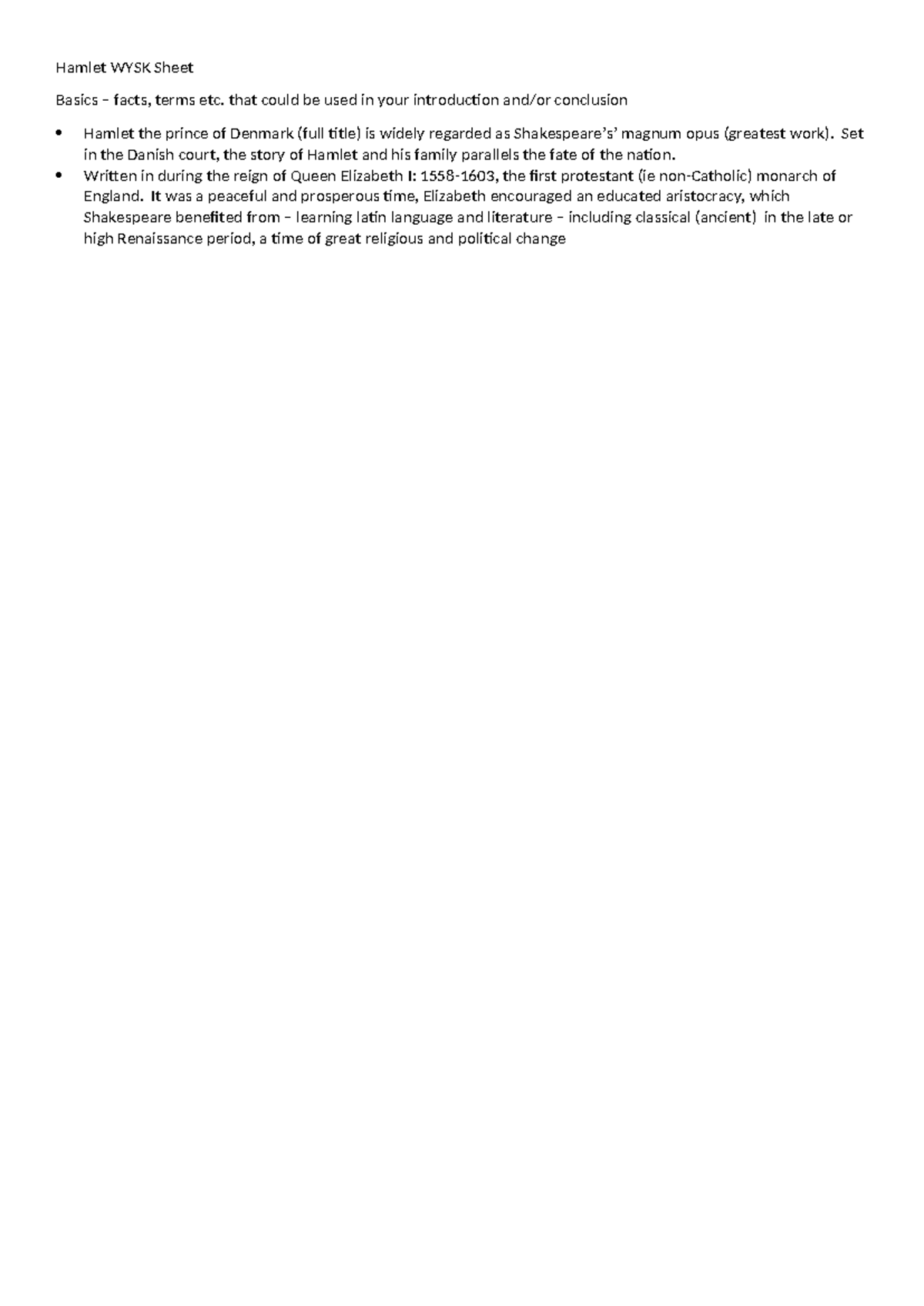 Hamlet WYSK Sheet: Key Facts and Terms for Analysis - Studocu