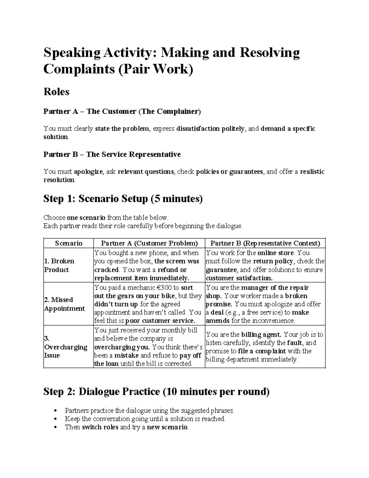 4C-Speaking Activity: Complaints Role Play Scenarios - Studocu