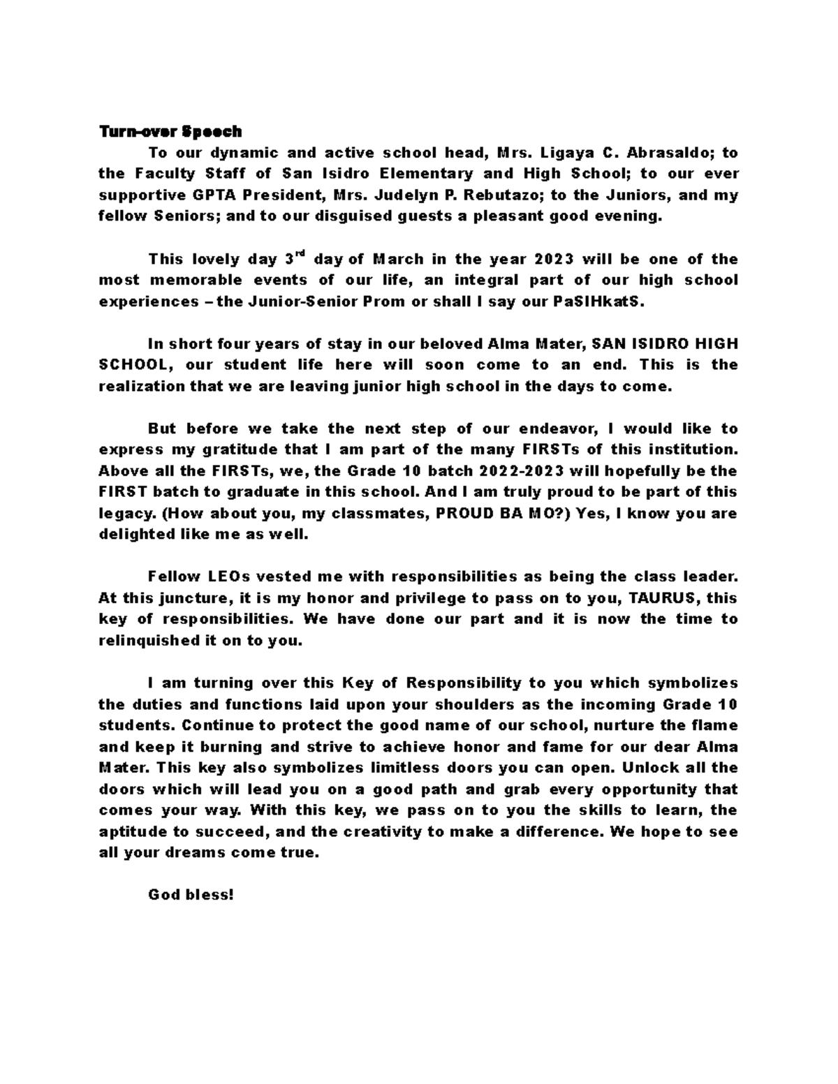 Turnover Speech and Acceptance of Key of Responsibility - Studocu