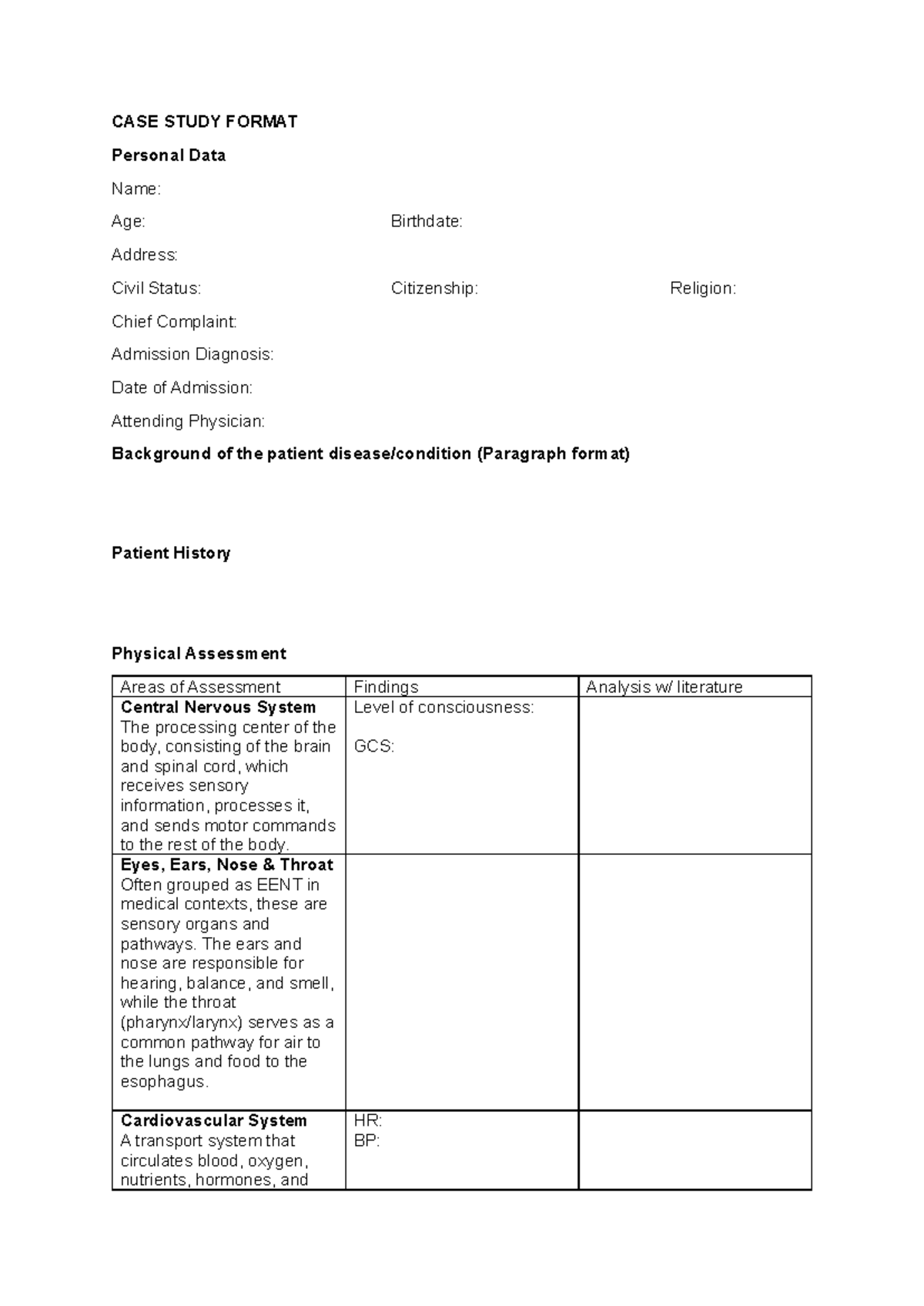 CASE STUDY FORMAT: Comprehensive Patient Assessment and Analysis - Studocu
