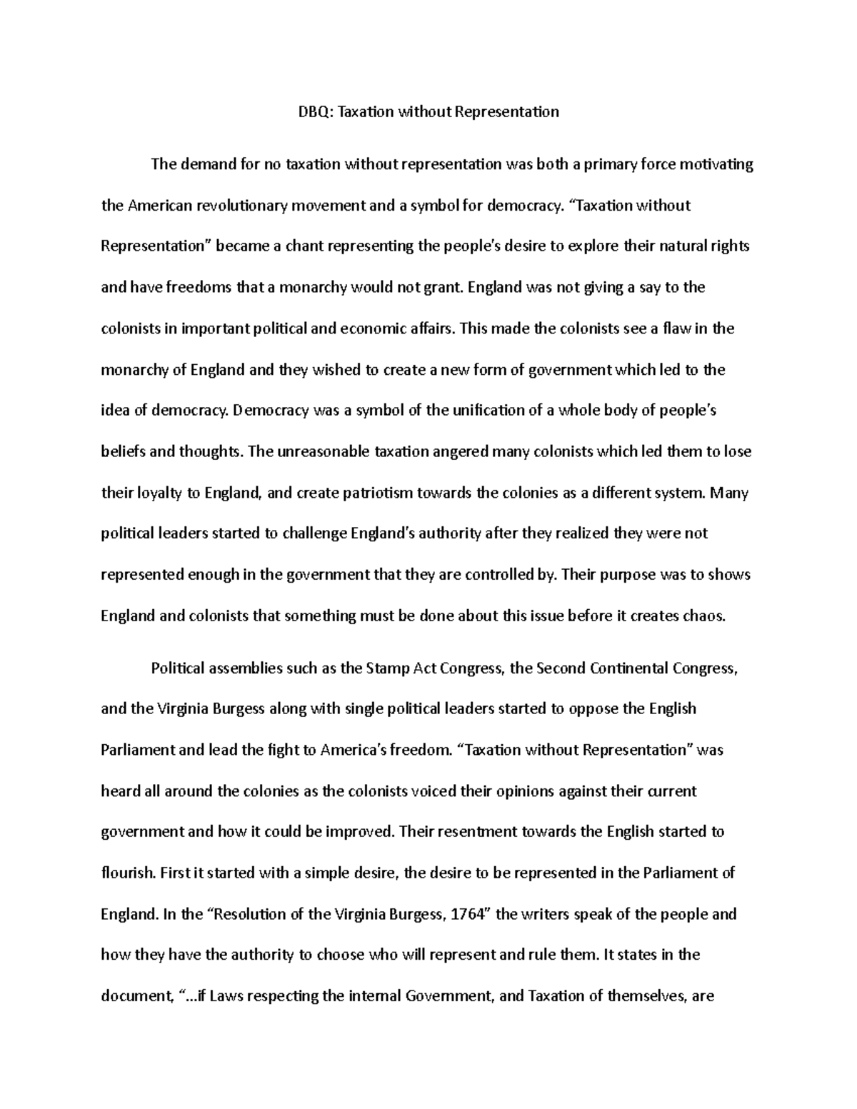 AP US History DBQ: The Impact of Taxation without Representation - Studocu