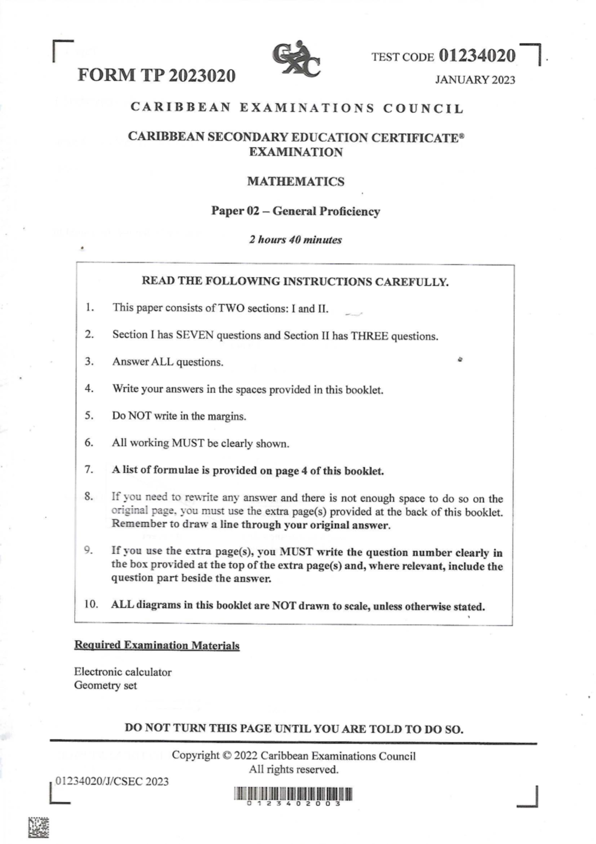 Mathematics CSEC 01234020 January 2023 Paper 02 Exam Guide - Studocu