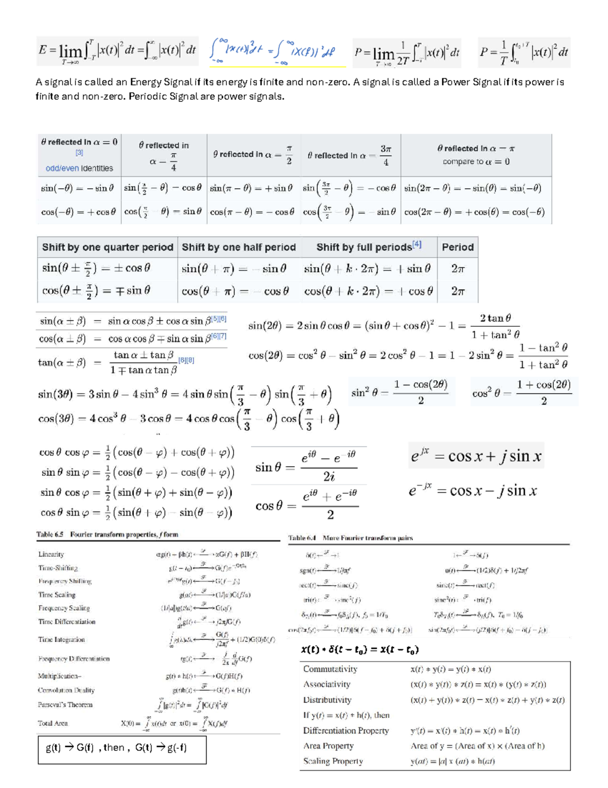 327 Cheat Sheet 2: Energy and Power Signals in AM/FM Systems - Studocu
