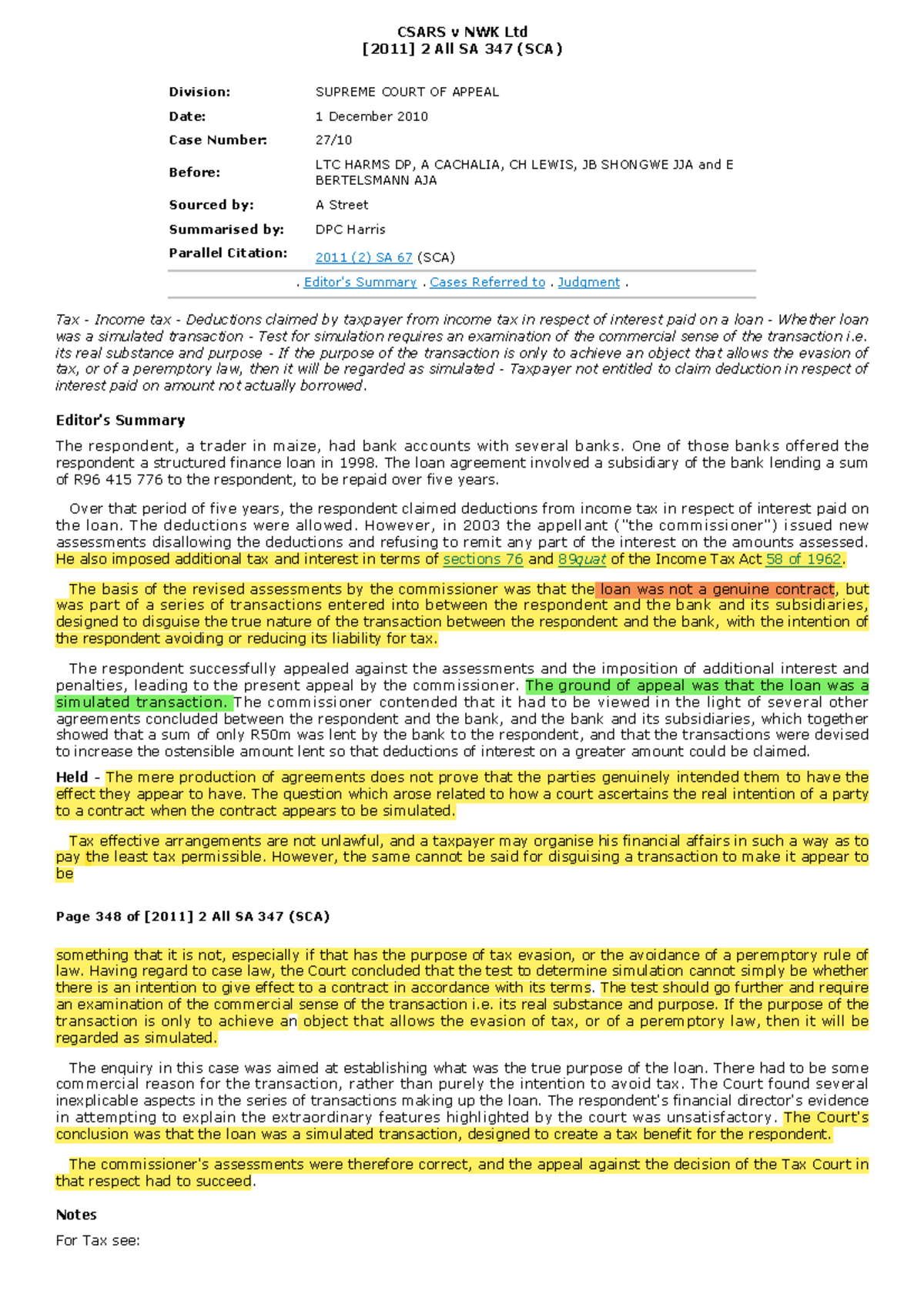 Csars v NWK Ltd [2011] 2 All SA 347 (SCA) – Income Tax Simulation ...