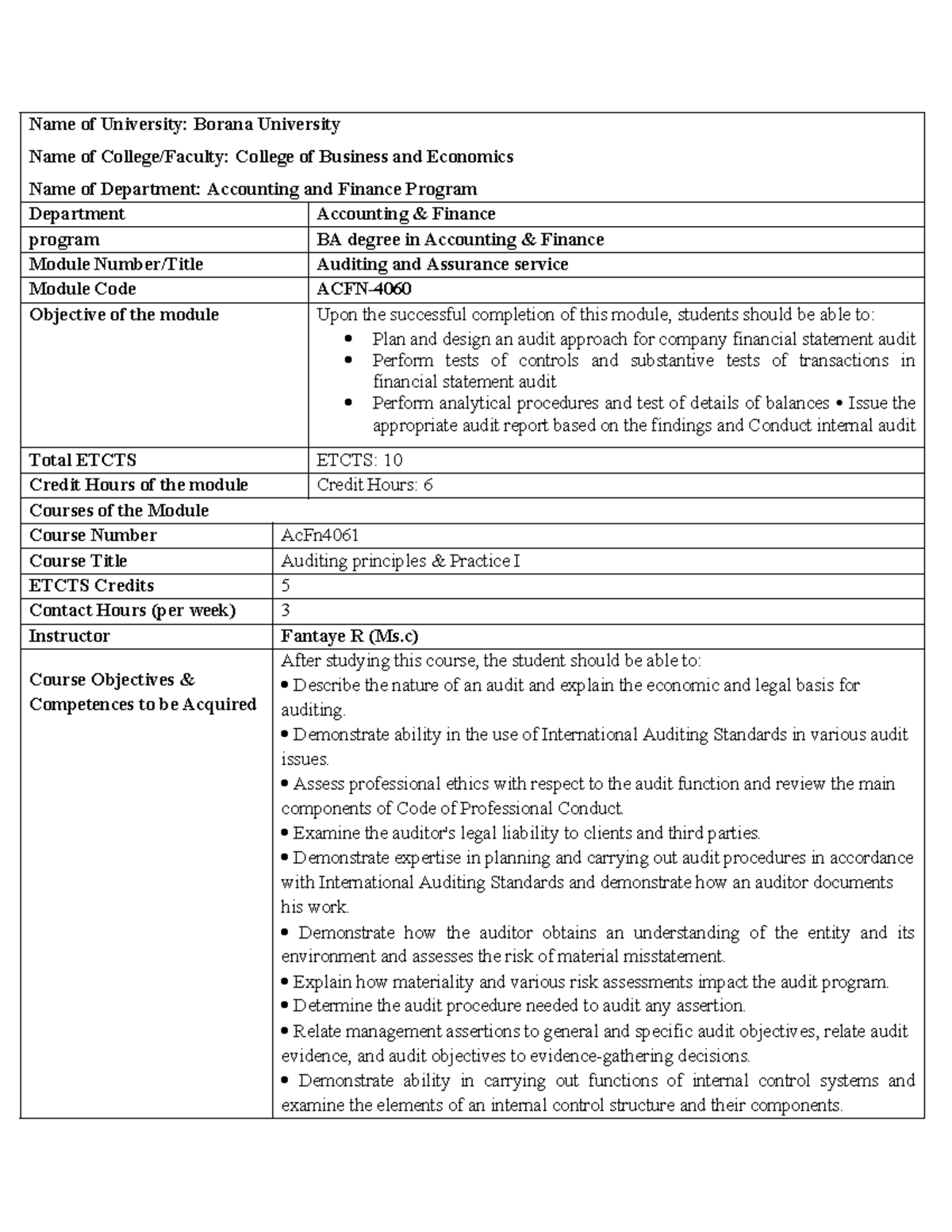 Auditing Module ACFN- Course Outline and Objectives for BA Program - Studocu
