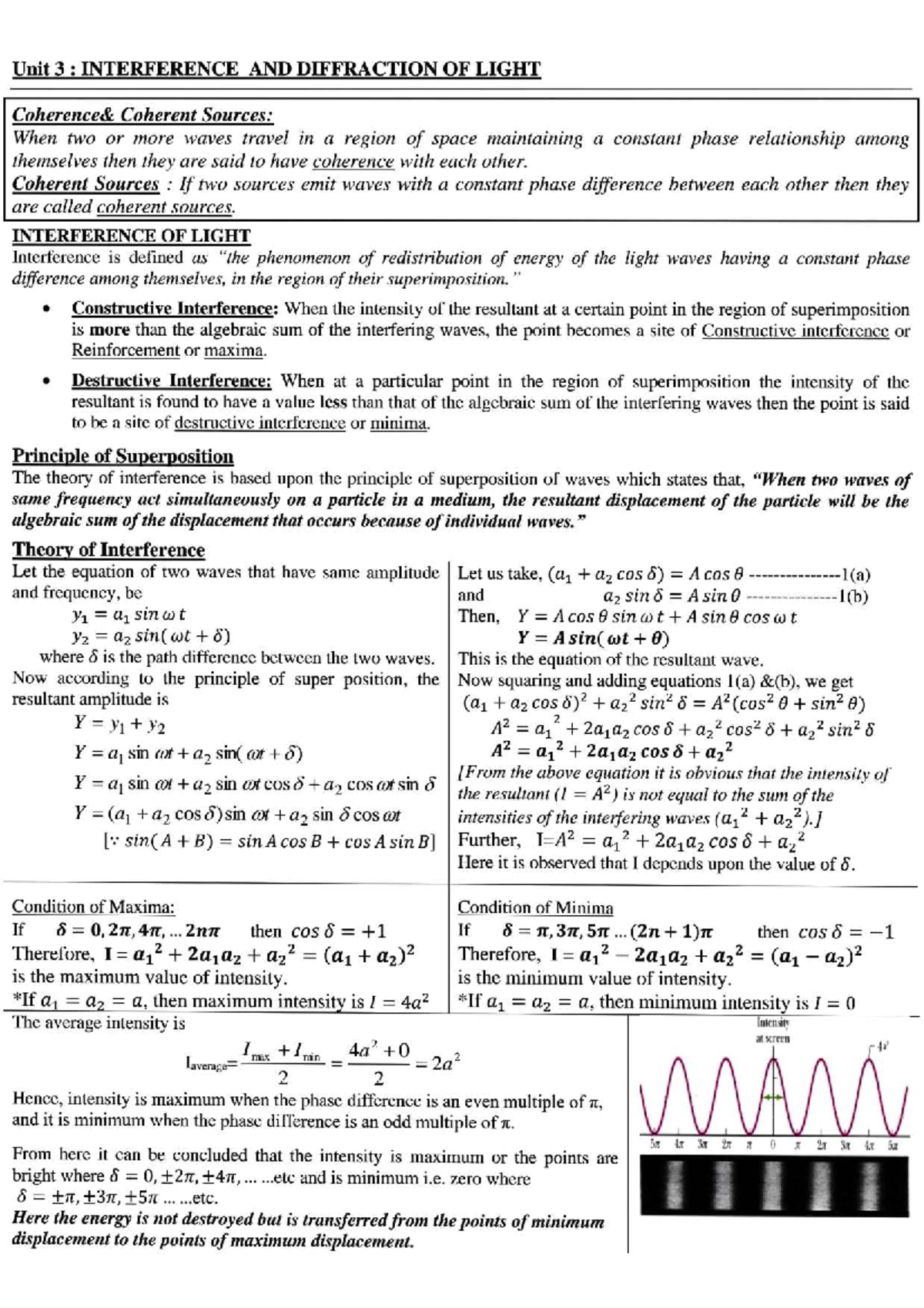 Unit 3: Interference and Diffraction of Light - Key Concepts and Theories - Studocu