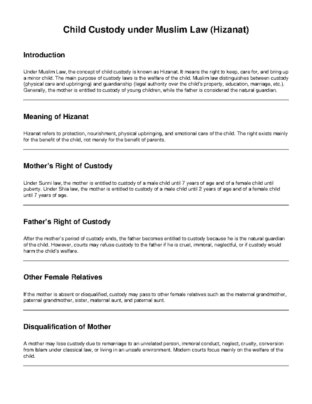 Child Custody (Hizanat) Under Muslim Law: Key Concepts and Rights - Studocu