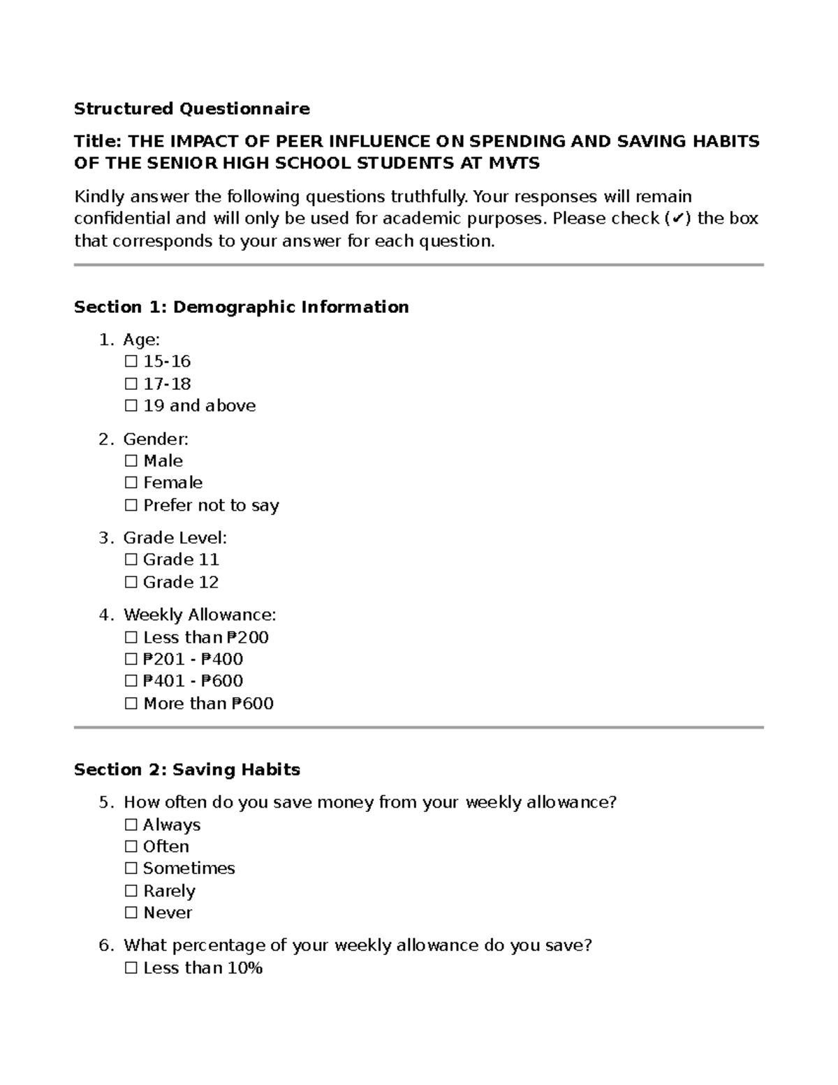G5 Questionnaire: Peer Influence on Spending & Saving in High School ...