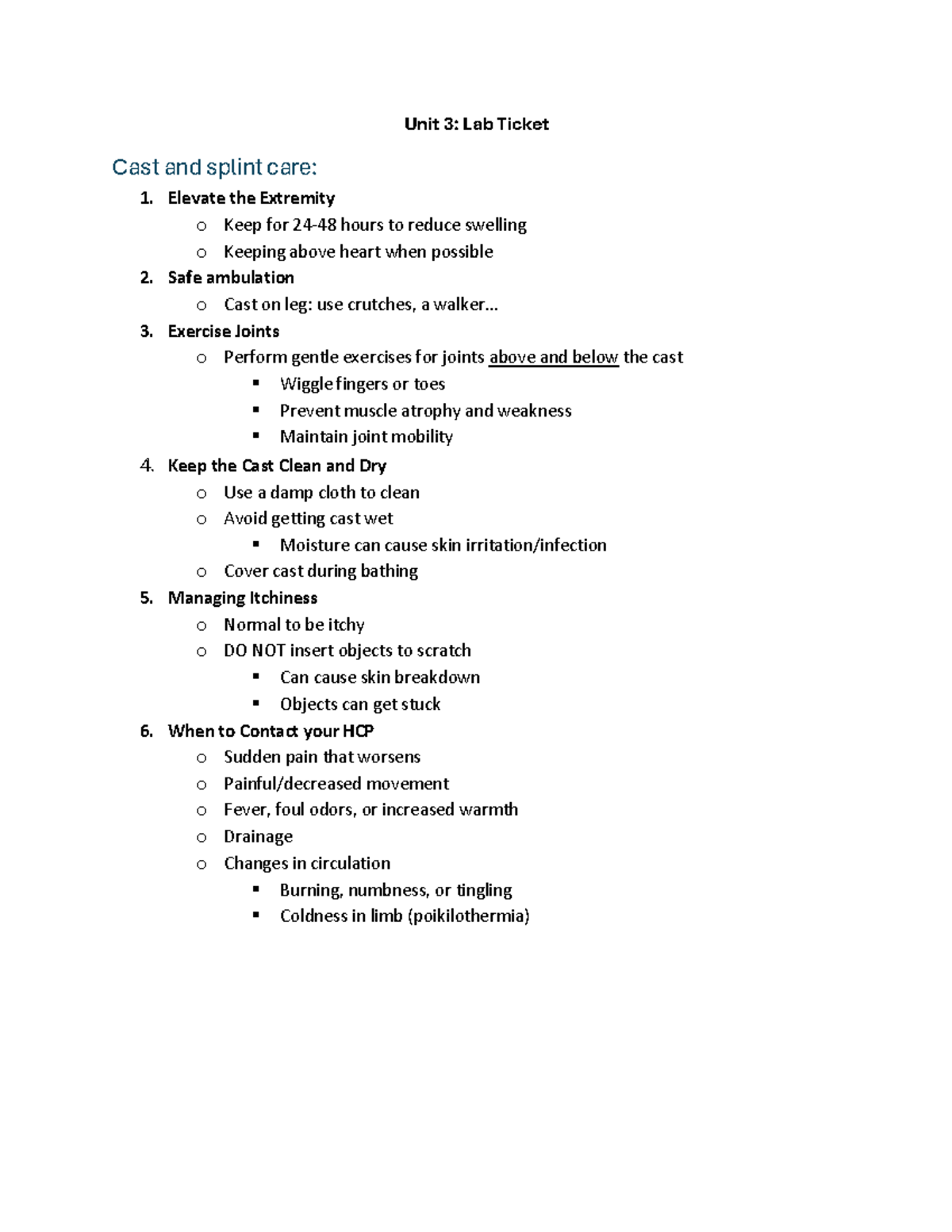 Unit 3 Lab Ticket: Cast and Splint Care Guidelines - Studocu