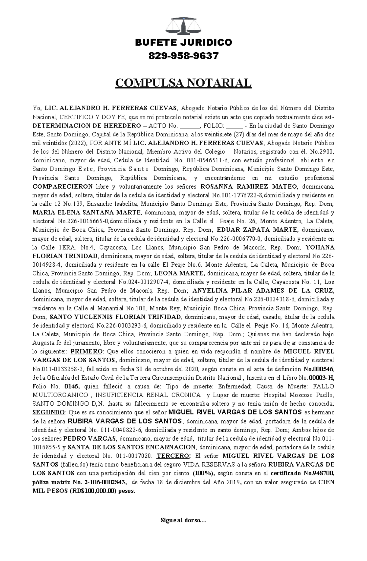 COMPULSA NOTARIAL - ACTO DE DETERMINACION DE HEREDERO - Studocu