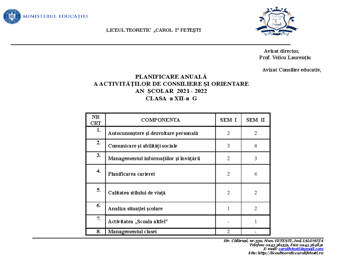 Planificare Dirigenție Clasa a XII-a G An Școlar 2021-2022 - Studocu