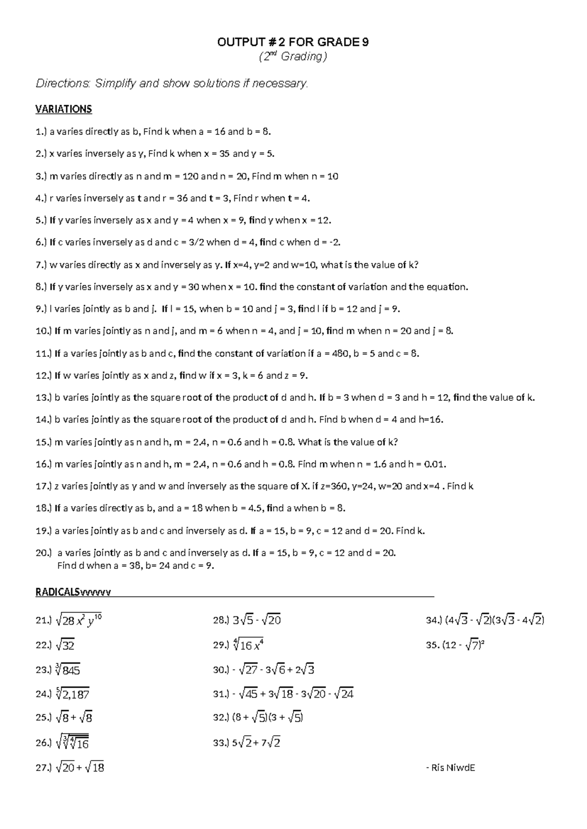 Grade 9 Math Output: Variations & Radical Expressions (2nd Grading ...