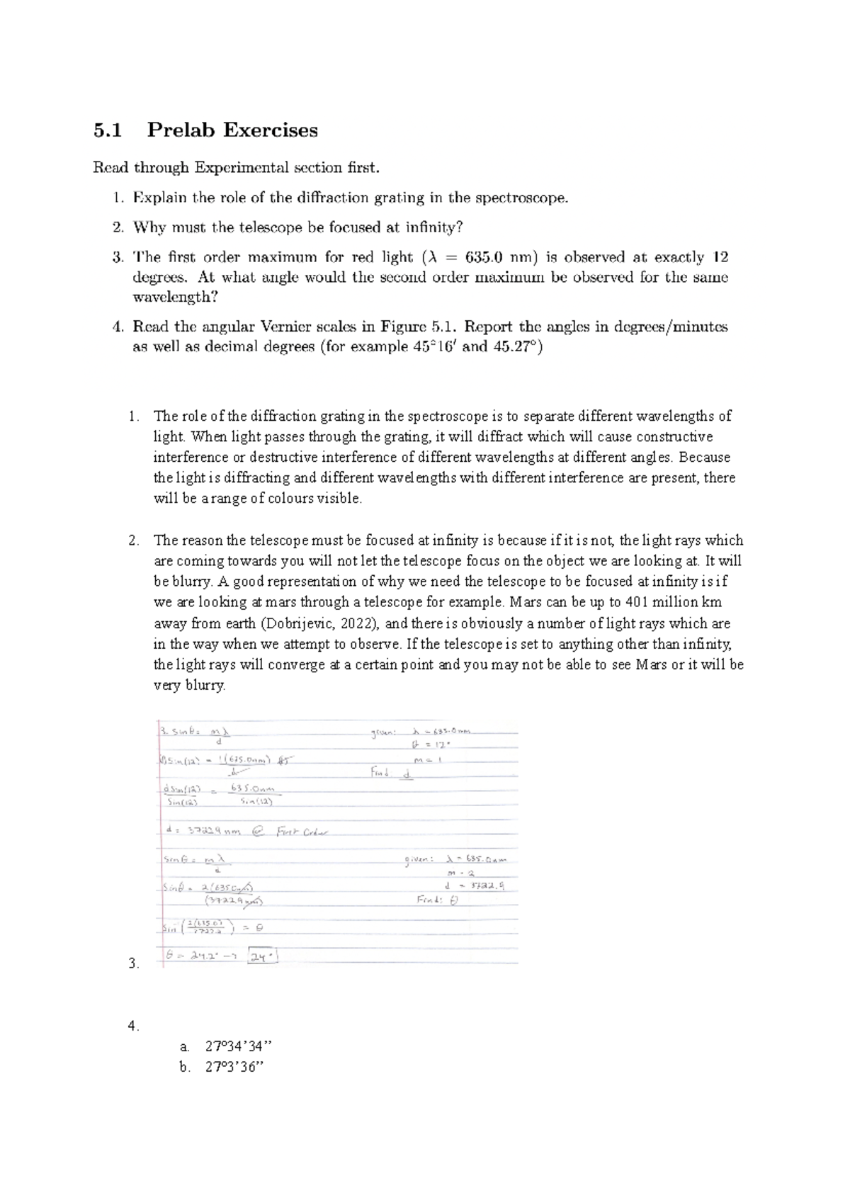 5.1 Prelab Exercises: Understanding Diffraction Grating & Telescopes - Studocu