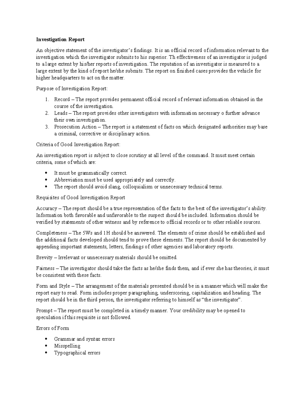 Investigation Report and After-Operation Report Overview - Studocu