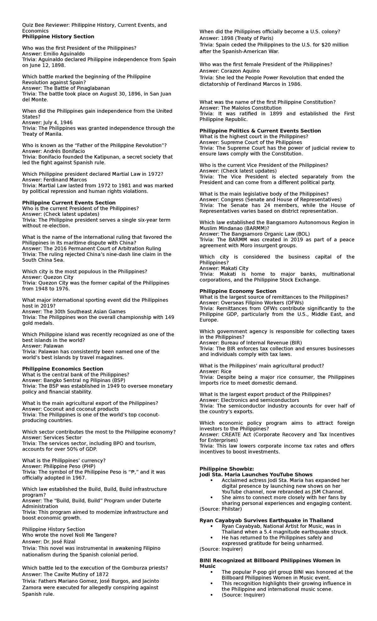 Quiz Bee Reviewer: Philippine History, Current Events, and Economics ...