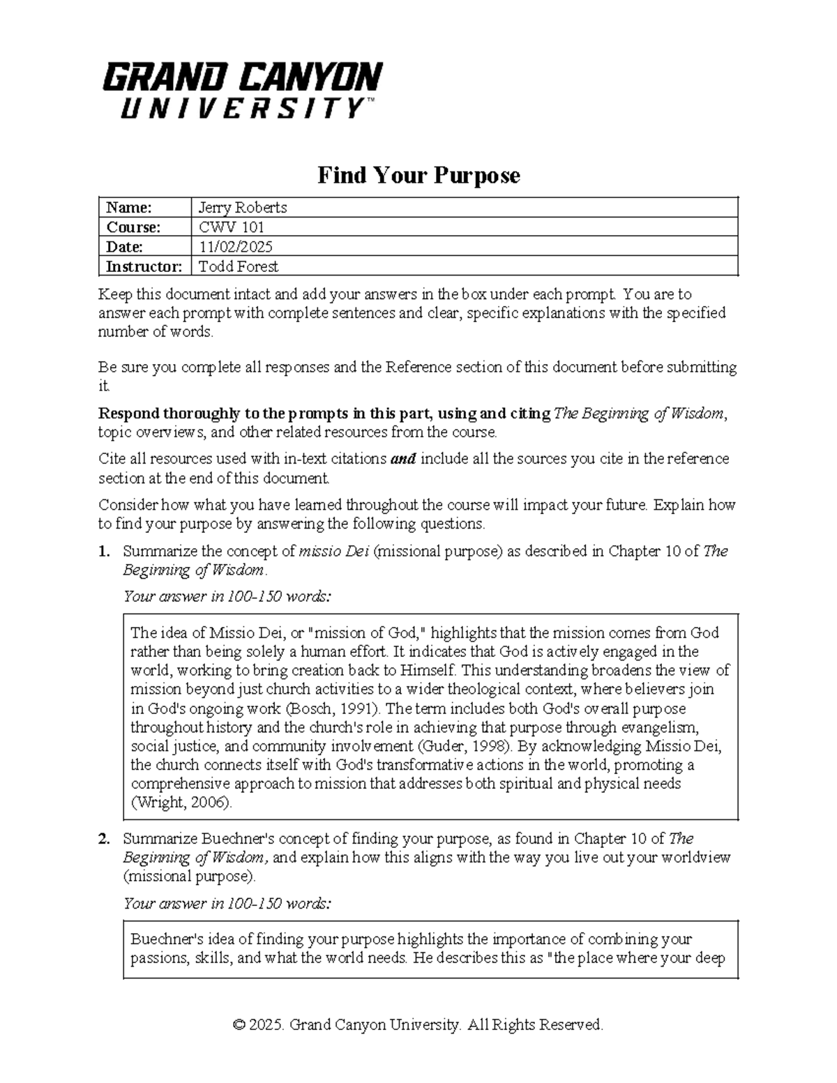 CWV 101: Finding Your Purpose - Reflections and Insights - Studocu