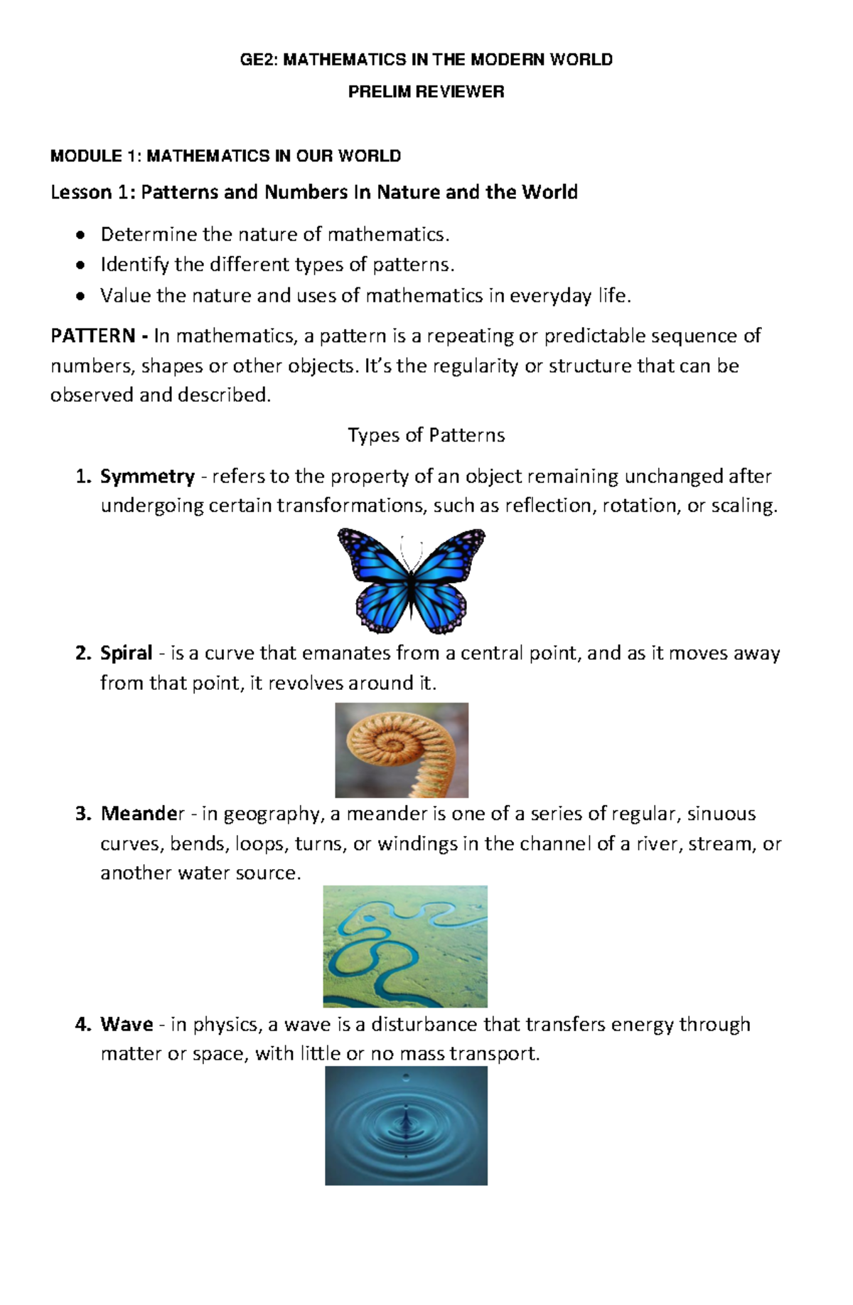 GE2: Mathematics in the Modern World Prelim Reviewer - Patterns and Numbers - Studocu