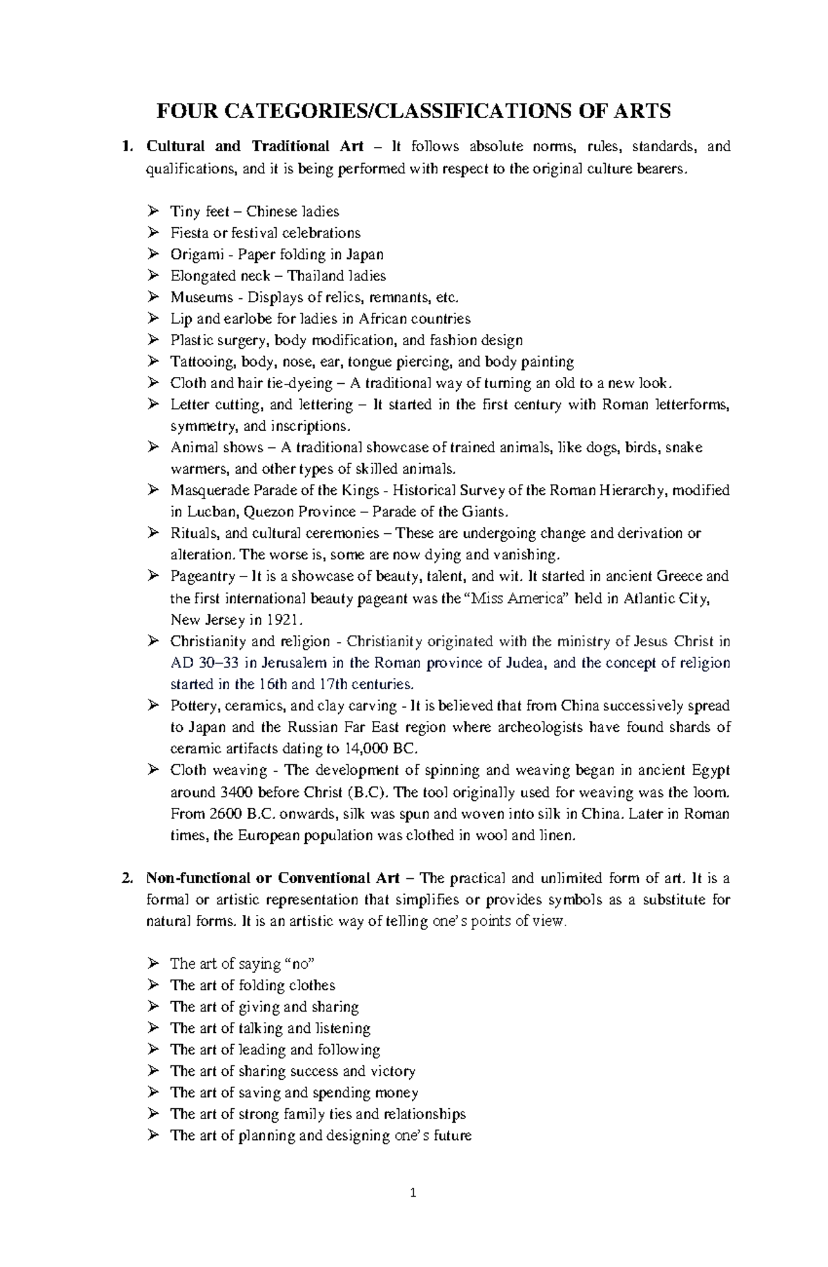 FOUR OF ARTS 1: Cultural and Conventional Art Classifications - Studocu