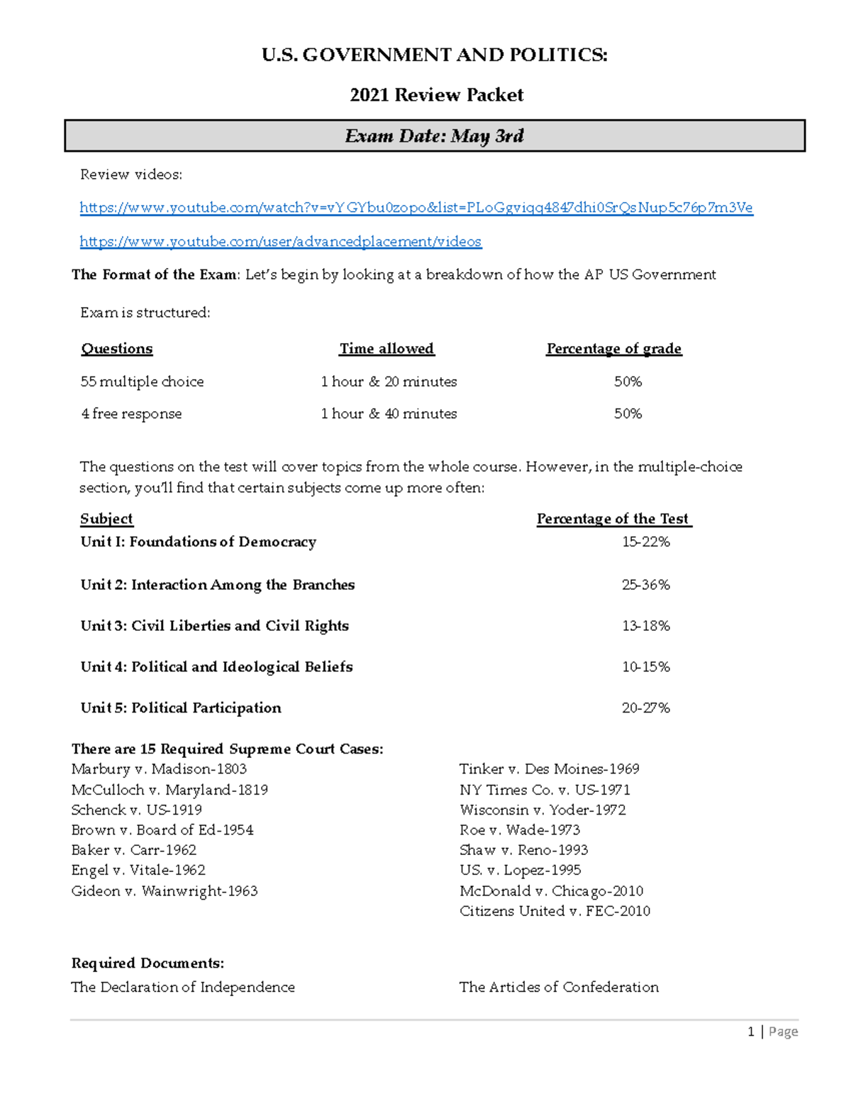 AP US Gov 2020-2021 Review Packet - Updated - U. GOVERNMENT AND ...