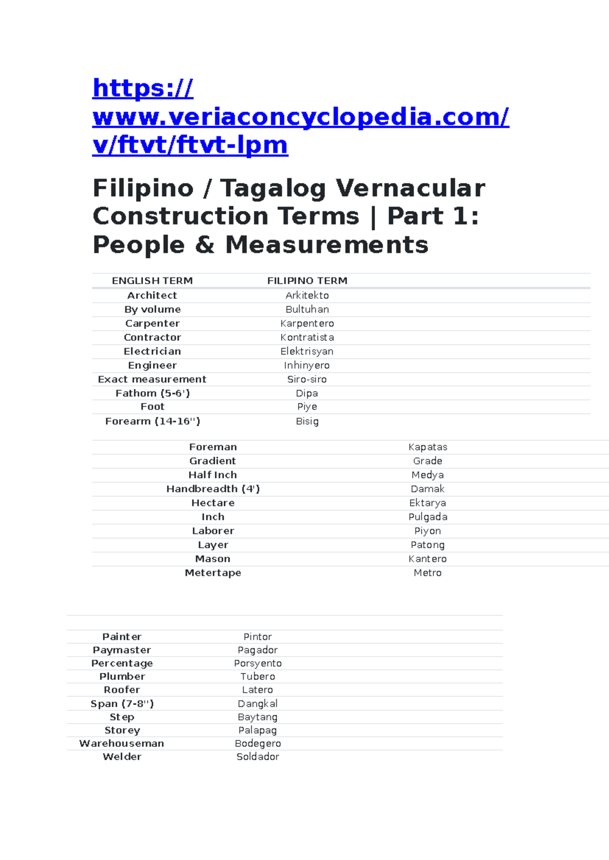Filipino/Tagalog Construction Terms: People, Tools, & Materials Guide ...