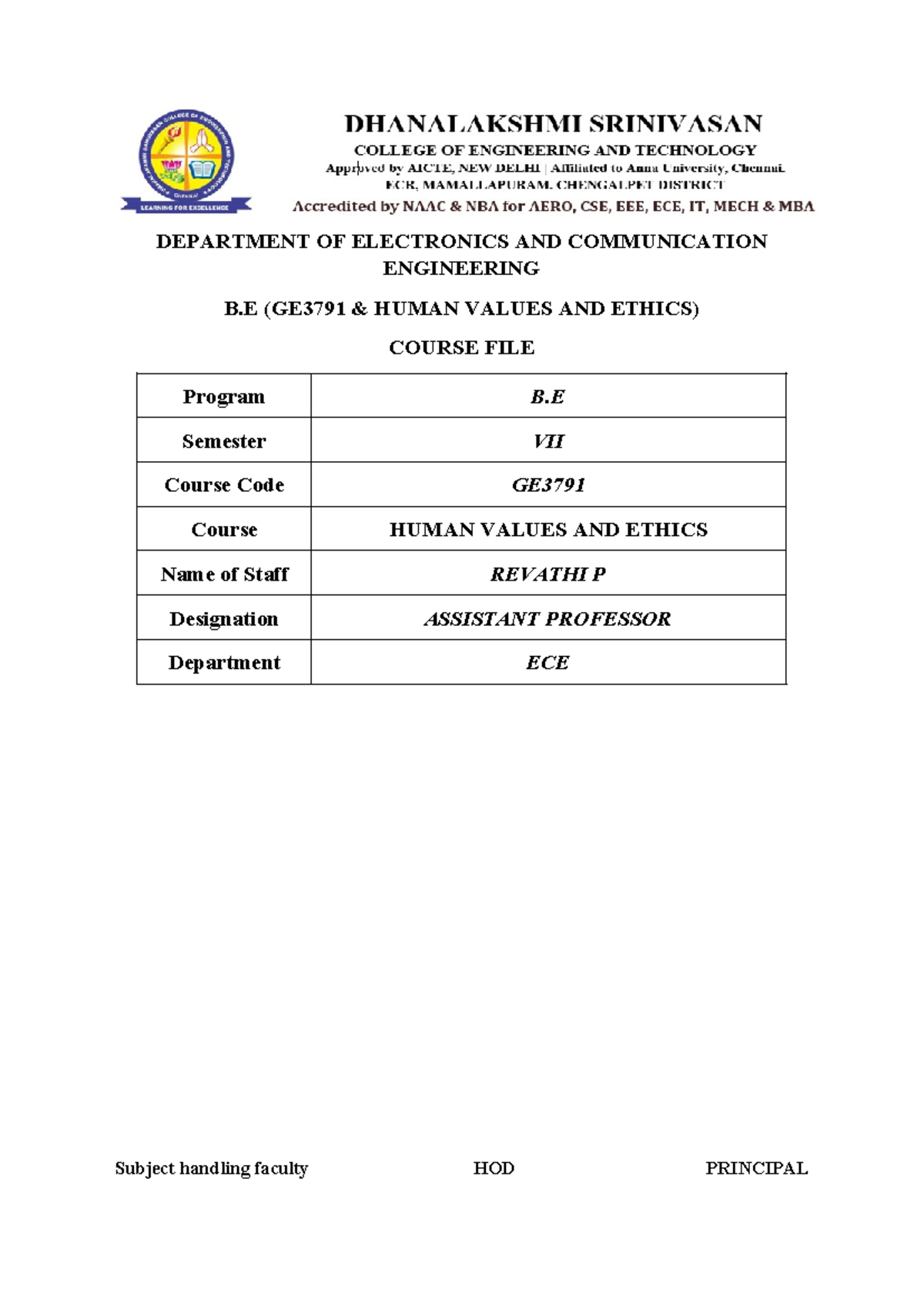 Course File for GE3791: Human Values and Ethics (Sem VII) - Studocu