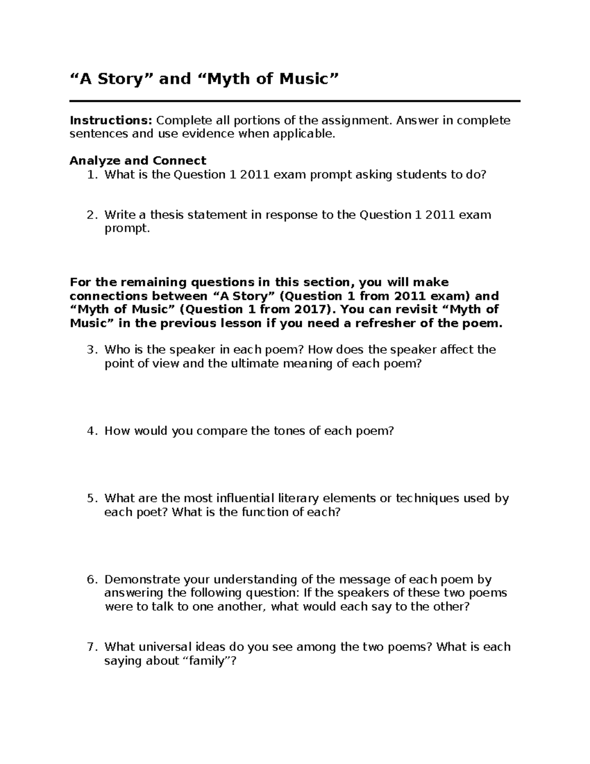 AP Literature Assignment: Analyzing "A Story" & "Myth of Music" - Studocu