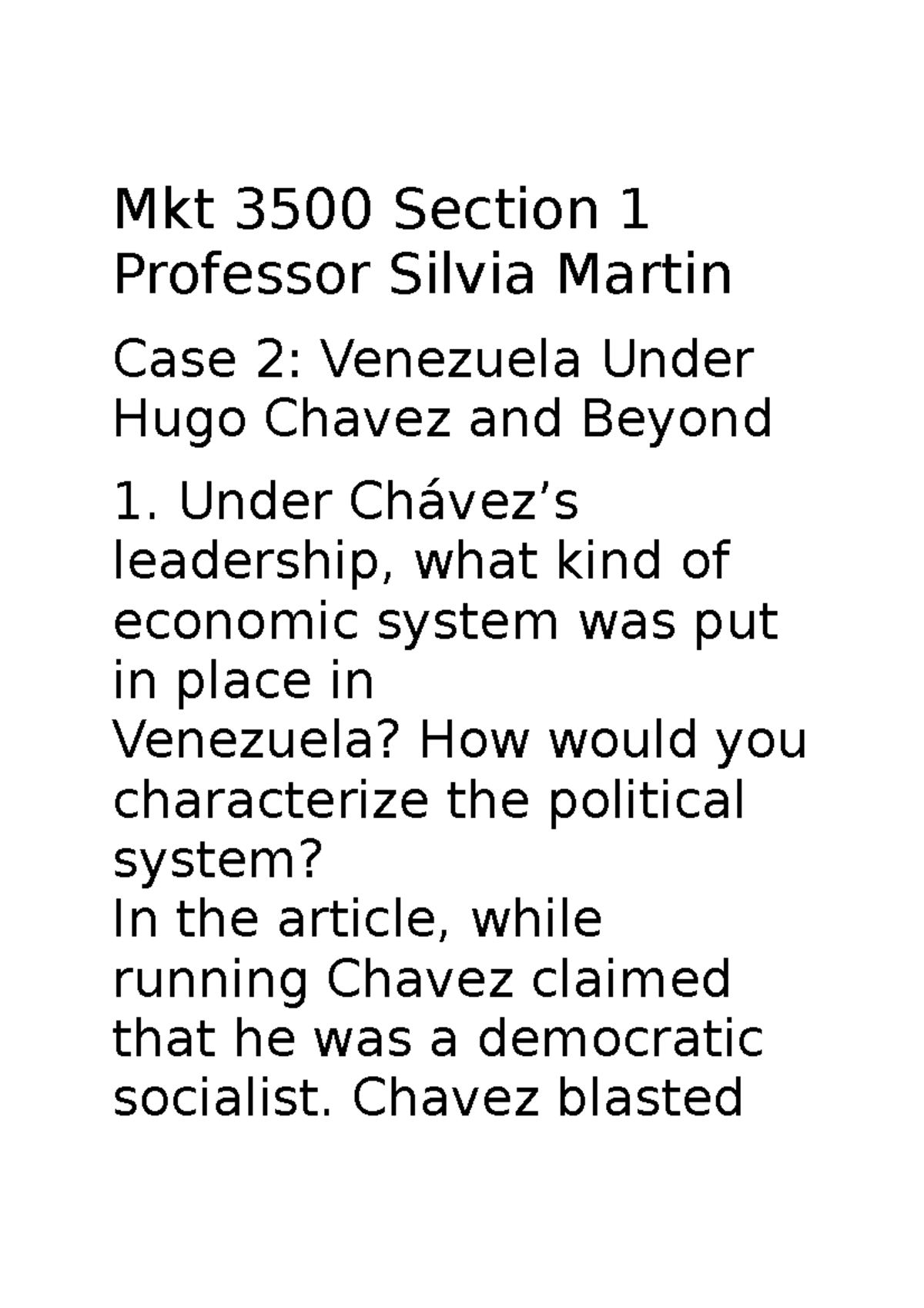 Mkt 3500 Case Study: Venezuela Under Chávez's Leadership - Studocu