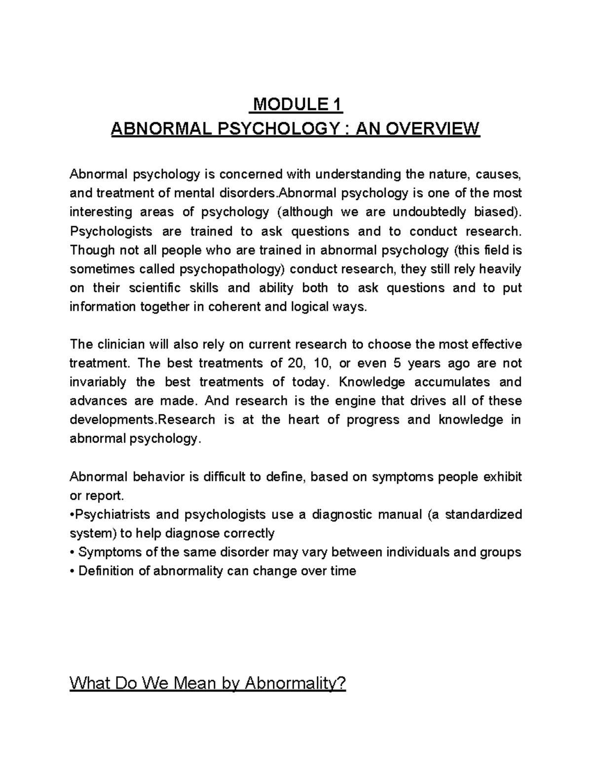 Module 1 AB - Introduction to abnormal behaviour - MODULE 1 ABNORMAL ...