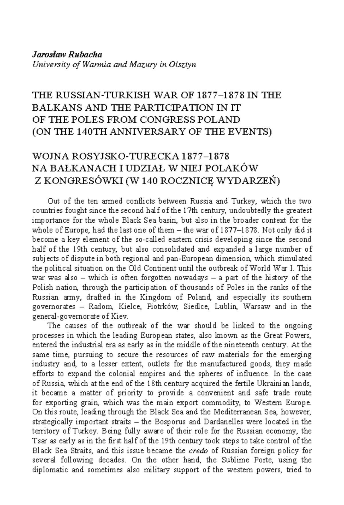 The Russian-Turkish War of 1877: Polish Participation and Impact - Studocu
