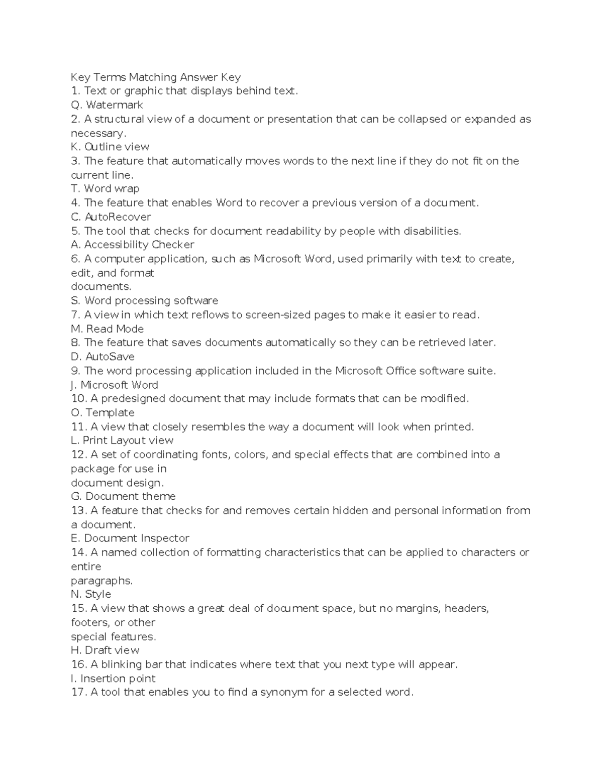 Key Terms Matching Answer Key - MS Word & PowerPoint (Chapters 2-4 ...