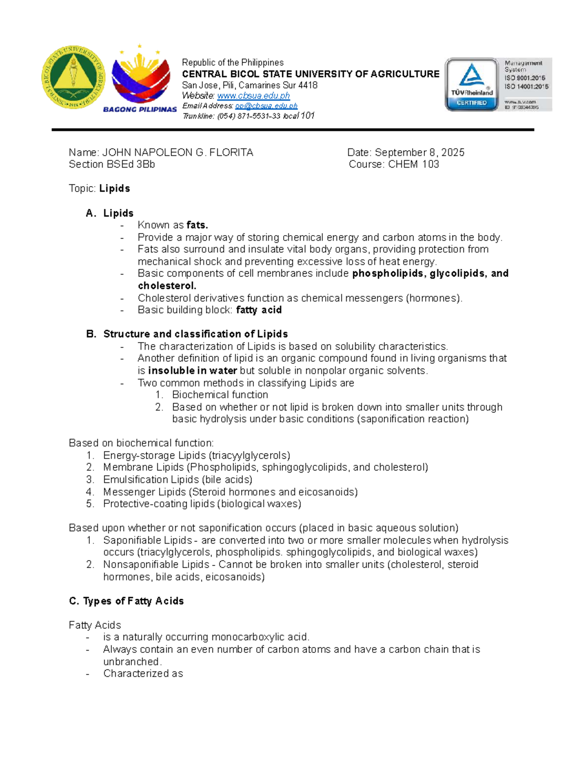 CHEM 103 - Lipids Overview and Classification Notes for BSEd 3Bb - Studocu
