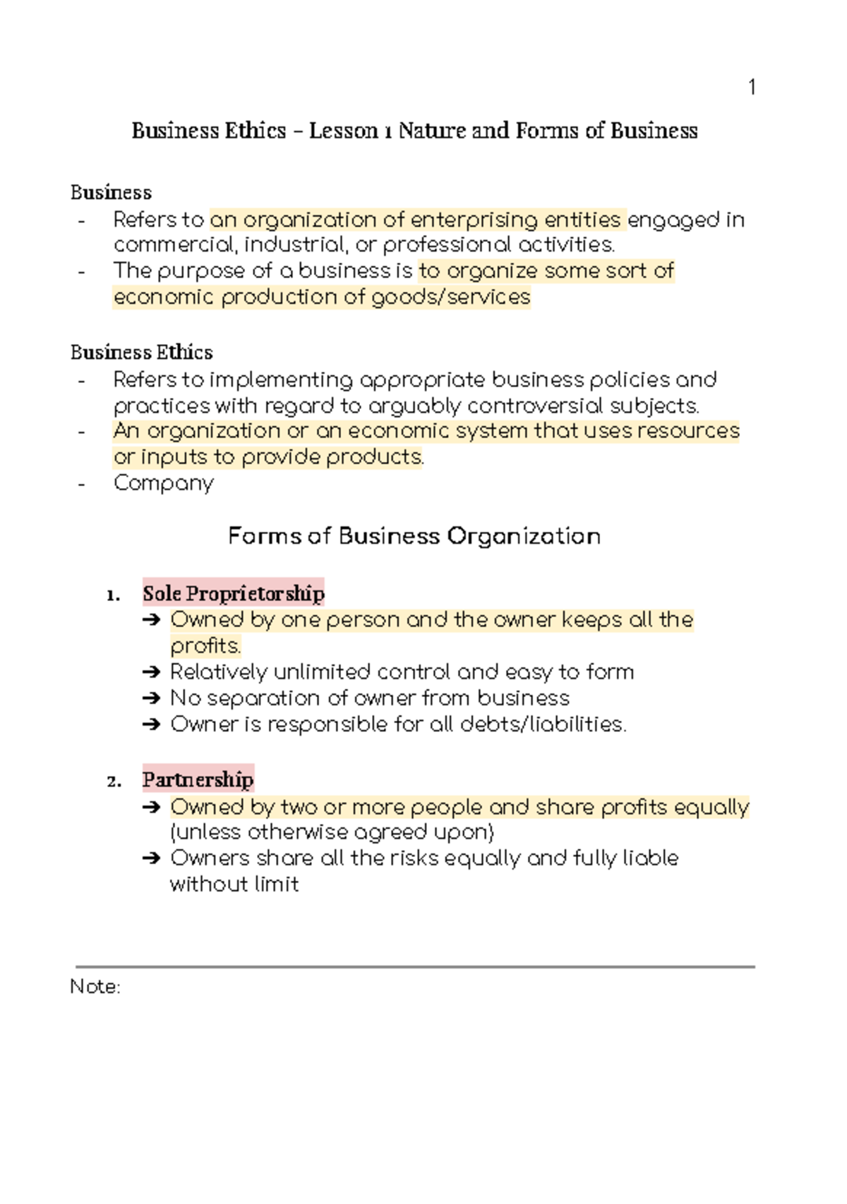 Business Ethics Notes - Business Ethics - Lesson 1 Nature and Forms of ...