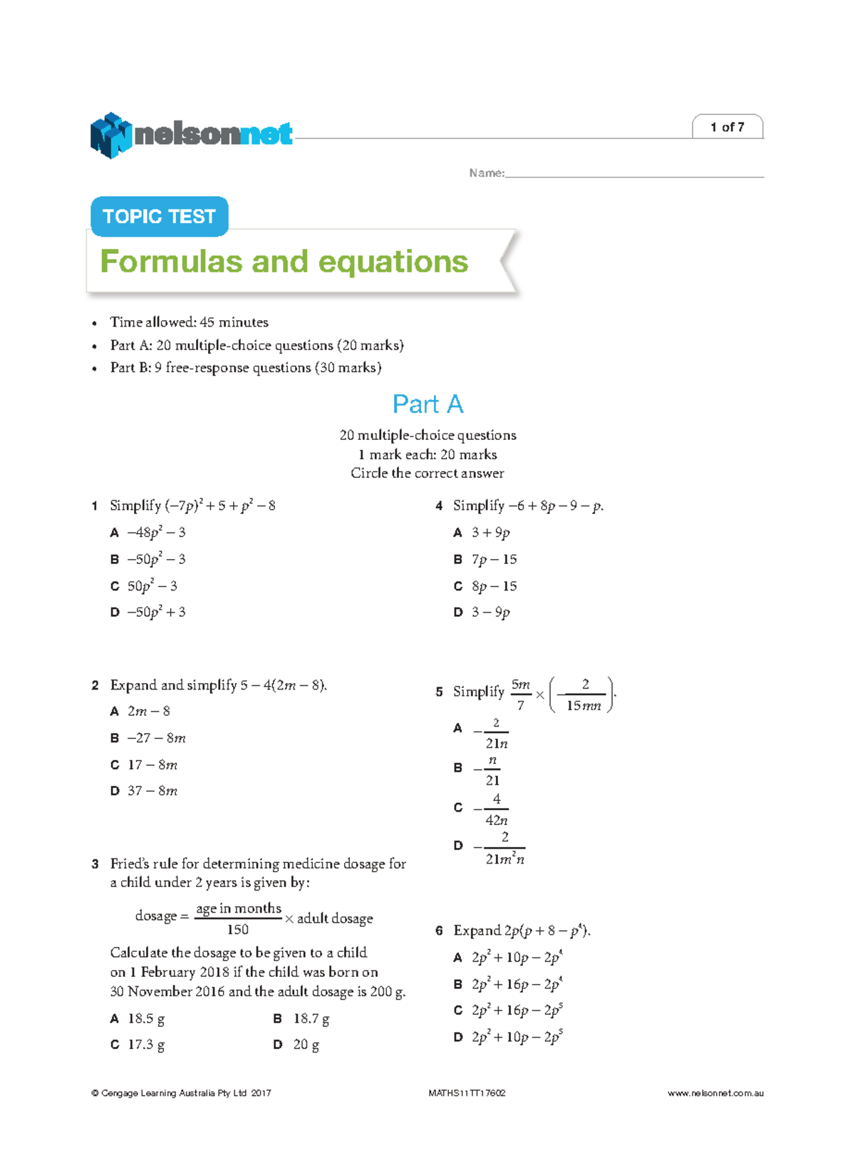 Maths 11TT17602 - Topic Test: Formulas & Equations Practice Paper - Studocu