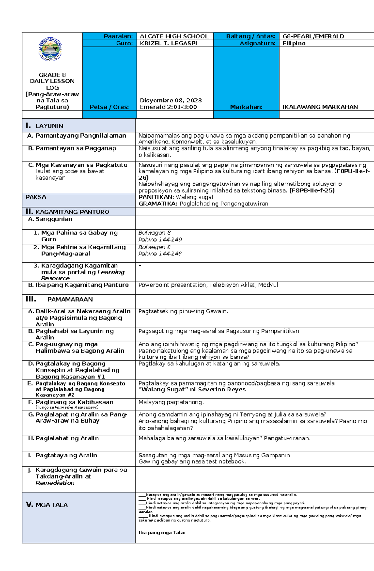 Lesson Plan for Filipino 8: Understanding Sarsuwela and Literature ...