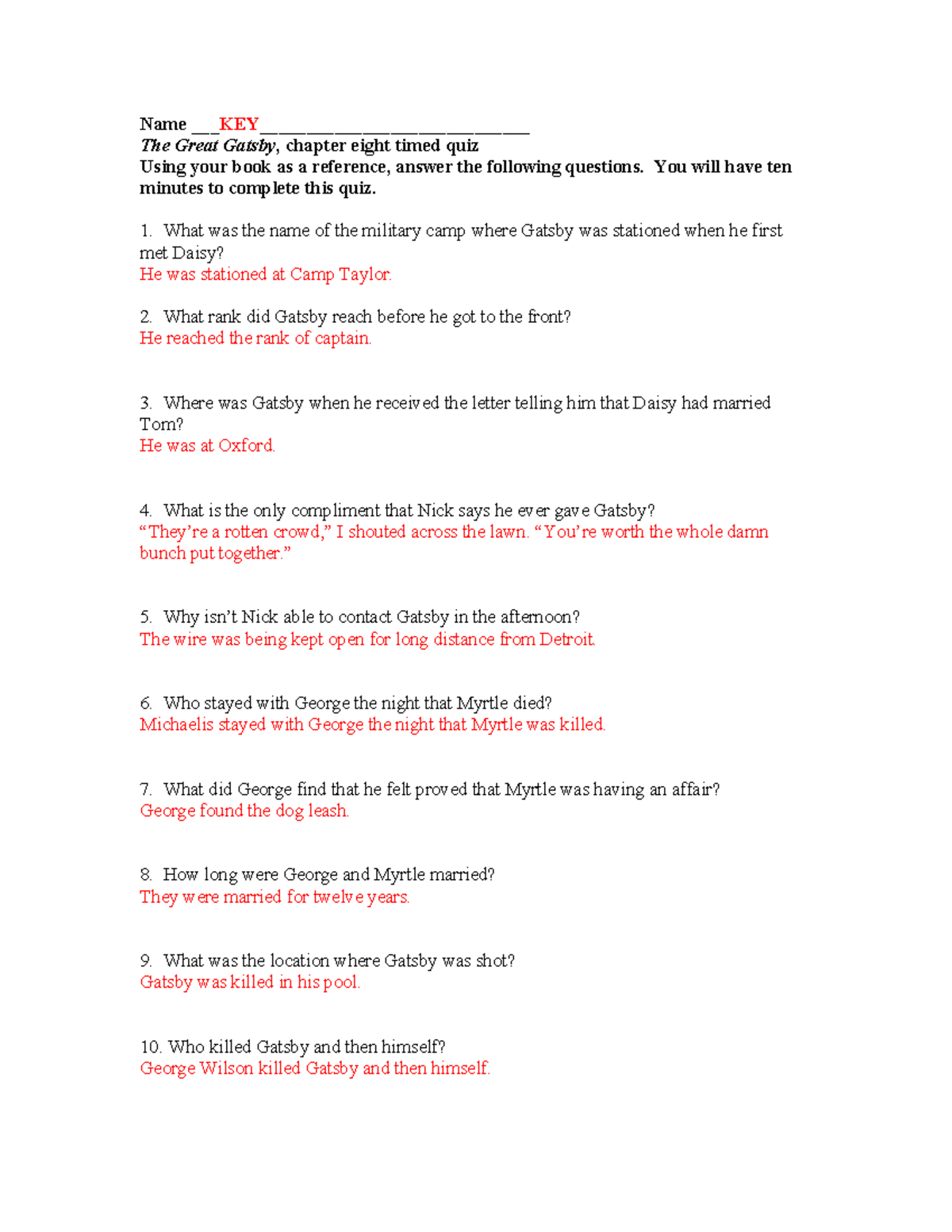 ENG 101: The Great Gatsby Chapter 8 Timed Quiz Key - Studocu